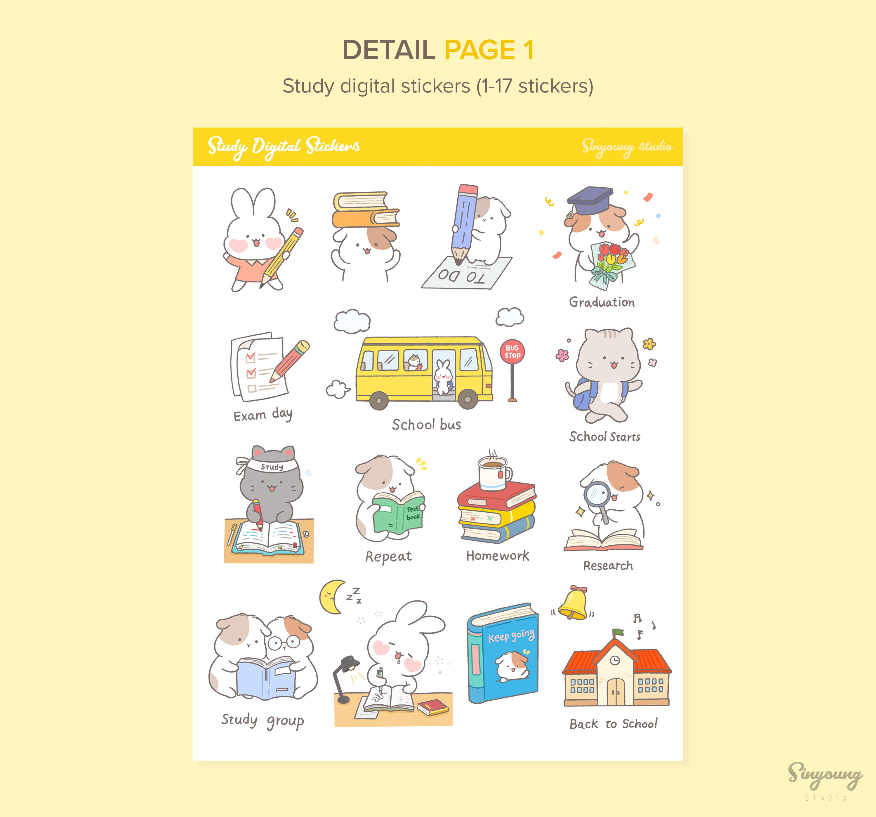 Cute Study Digital Stickers for Goodnotes Planner | Hand Drawn Student ...