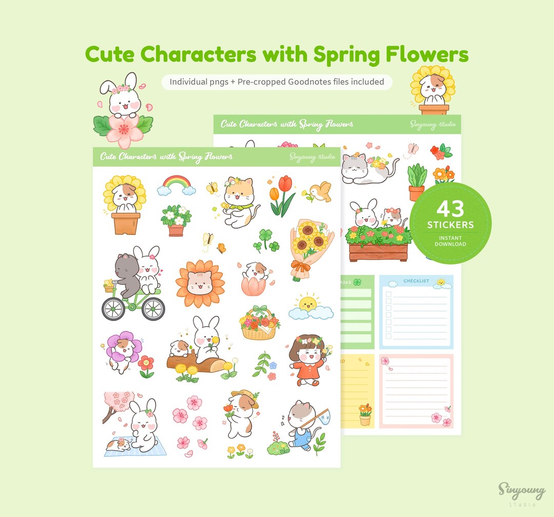 Cute Characters With Spring Flowers Digital Planner Stickers | Seasonal ...
