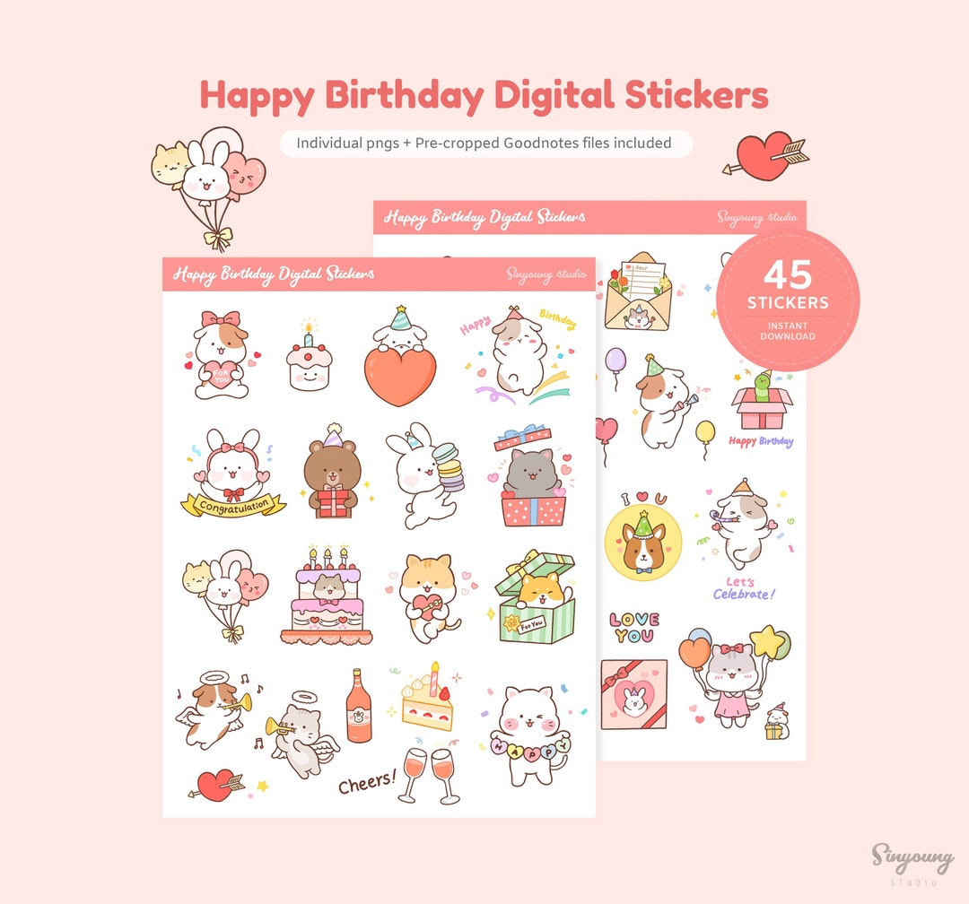 Happy Birthday Stickers for Digital Planner, Cute Animal Character, Pre ...