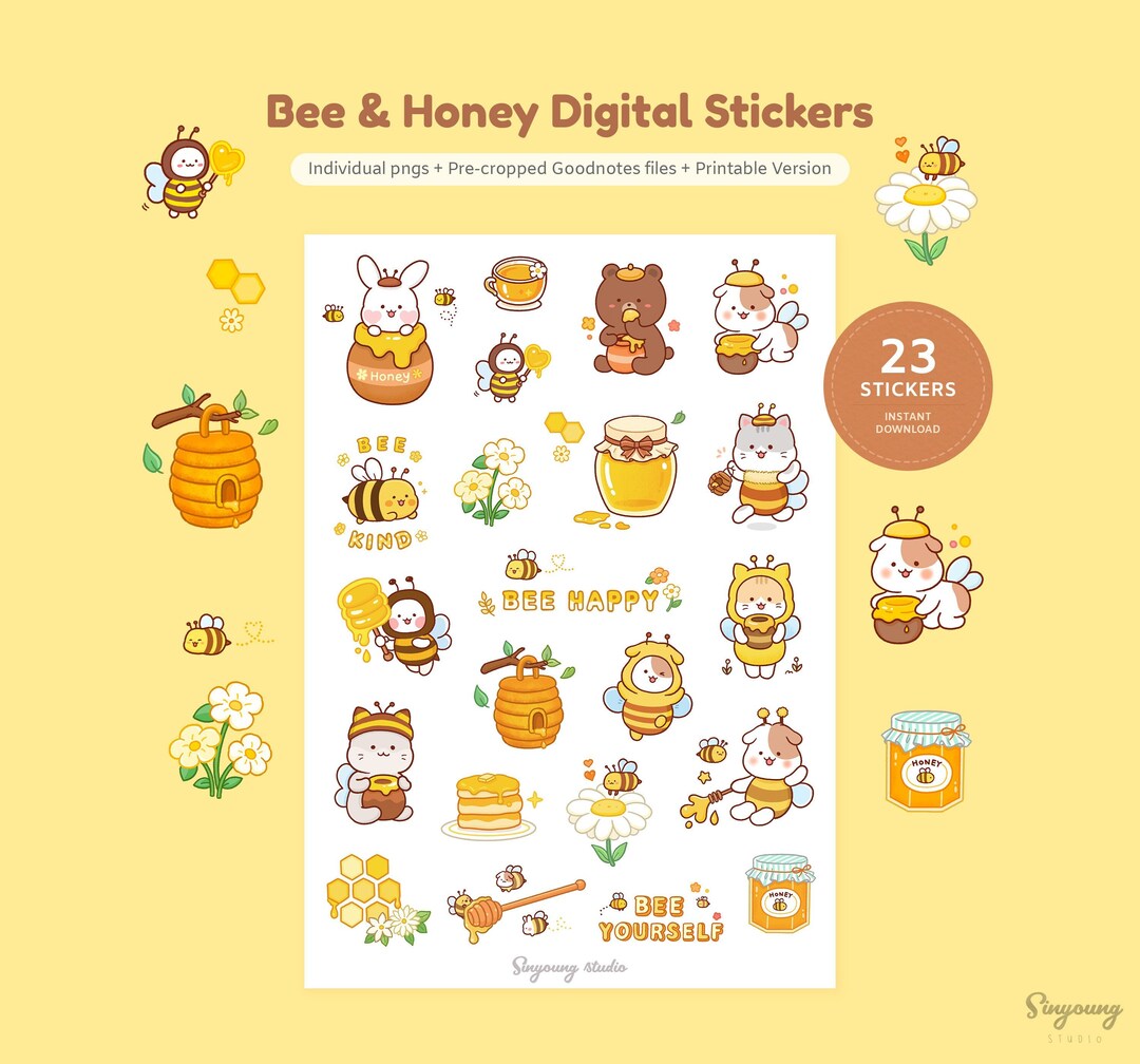 Cute Bees and Honey Stickers for Digital Planner Hand Drawn Honey Pot ...