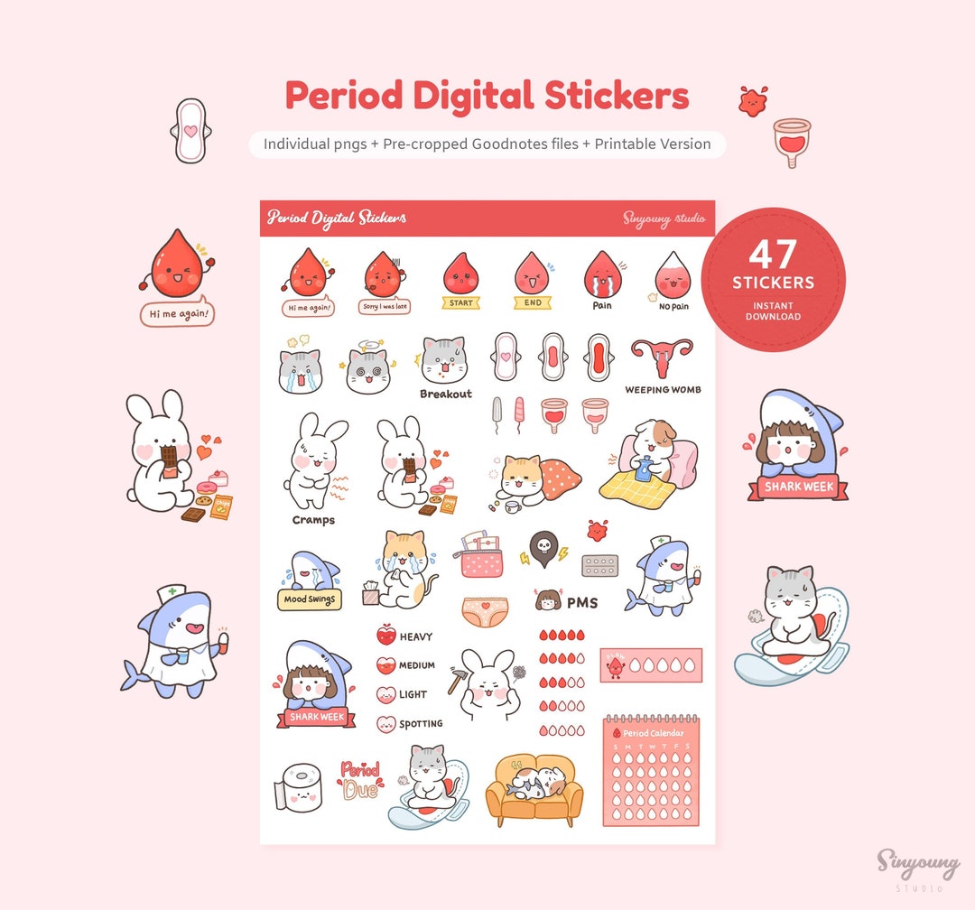 Cute Period Tracker Digital Stickers Blood Drop Goodnotes Stickers ...
