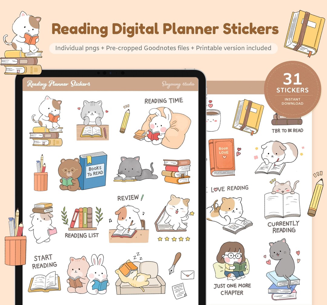 Reading Digital Planner Stickers Bookworm Cat Stickers for - Etsy