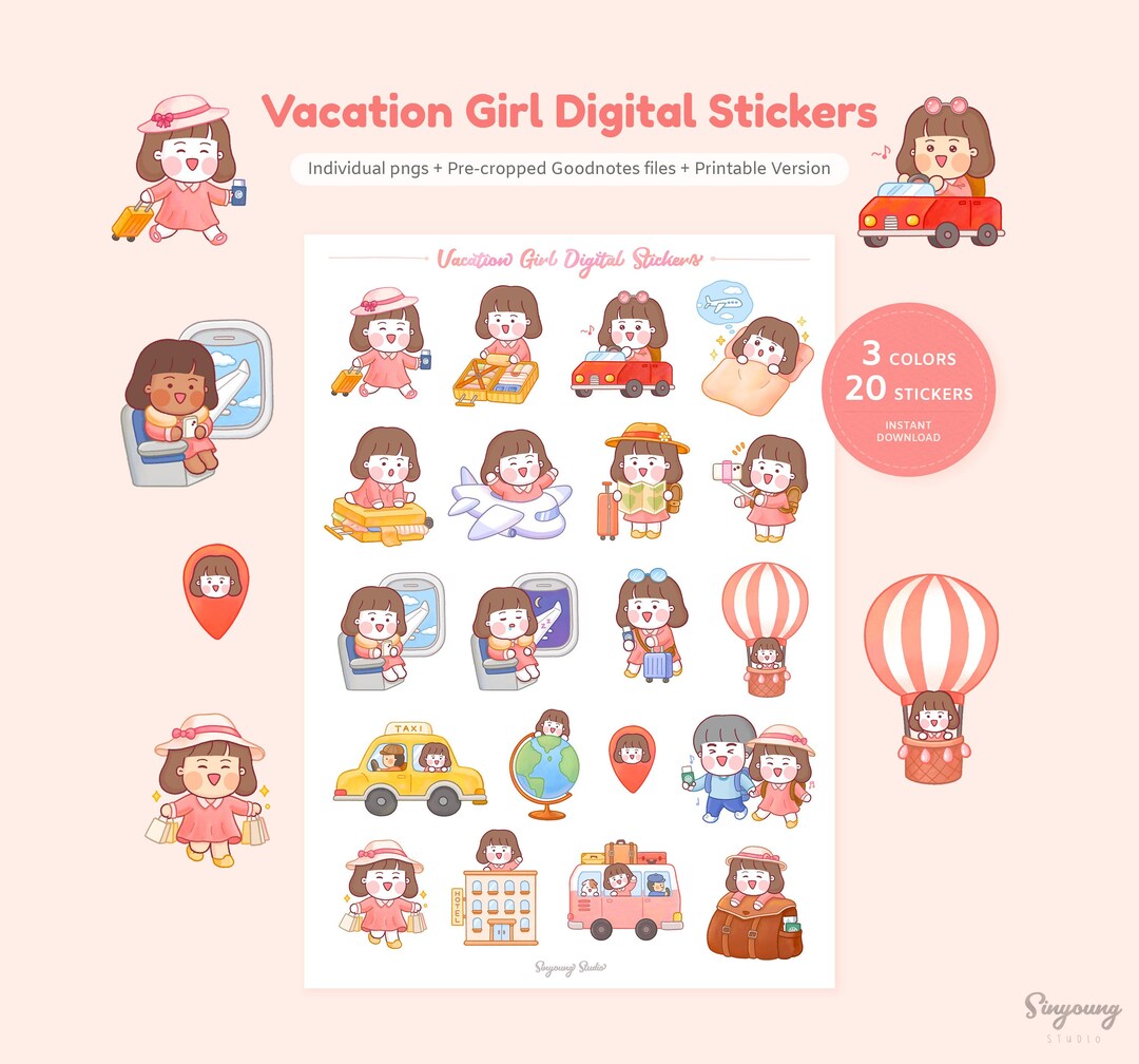 Cute Vacation Girl Digital Stickers | Travel Girl Goodnotes Stickers ...