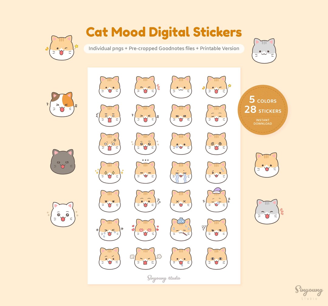 Cute Cat Mood Digital Stickers | Cat Face Emoticon Goodnotes Stickers ...