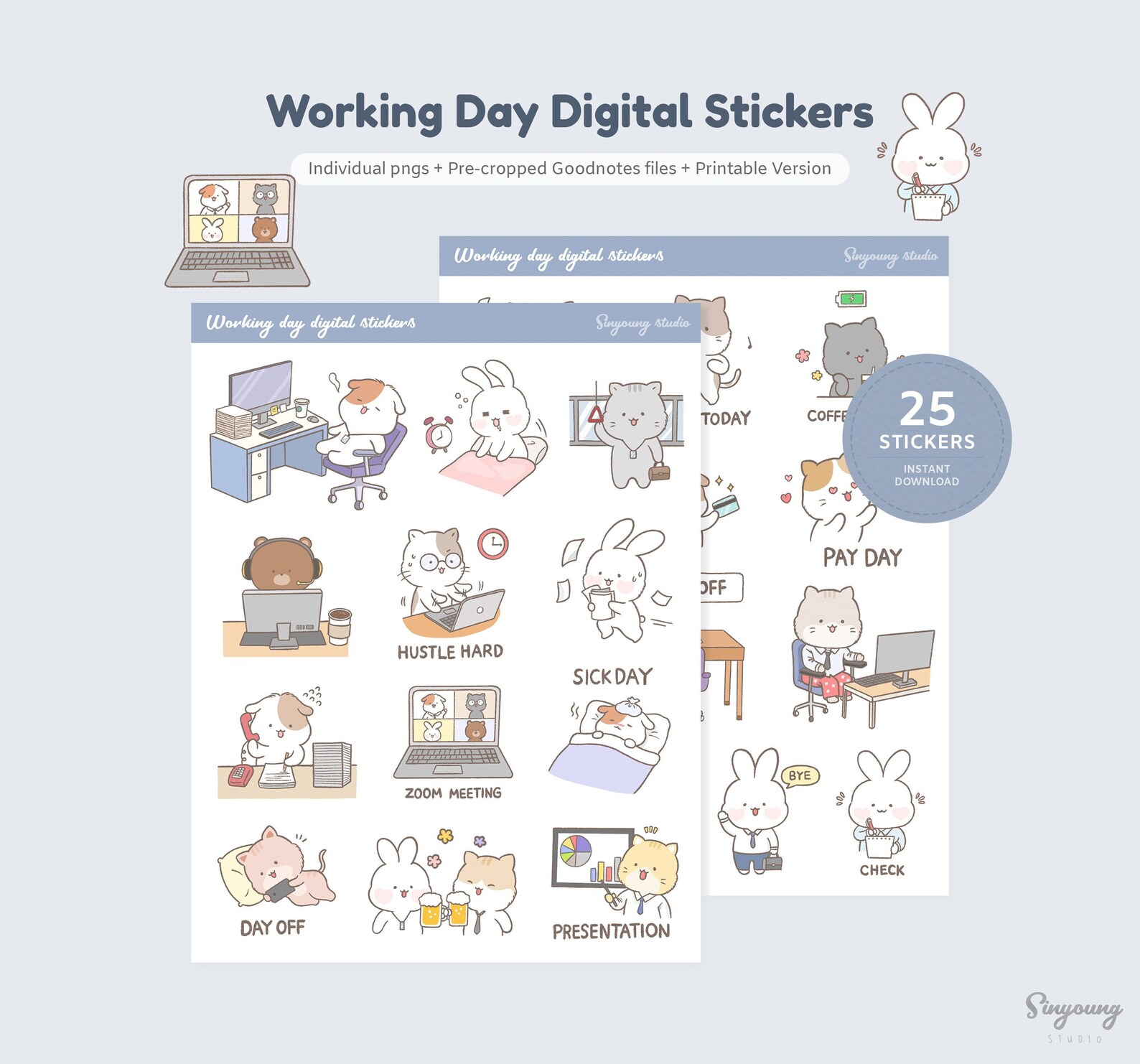 Cute Working Day Digital Planner Stickers, Office Work Goodnotes ...