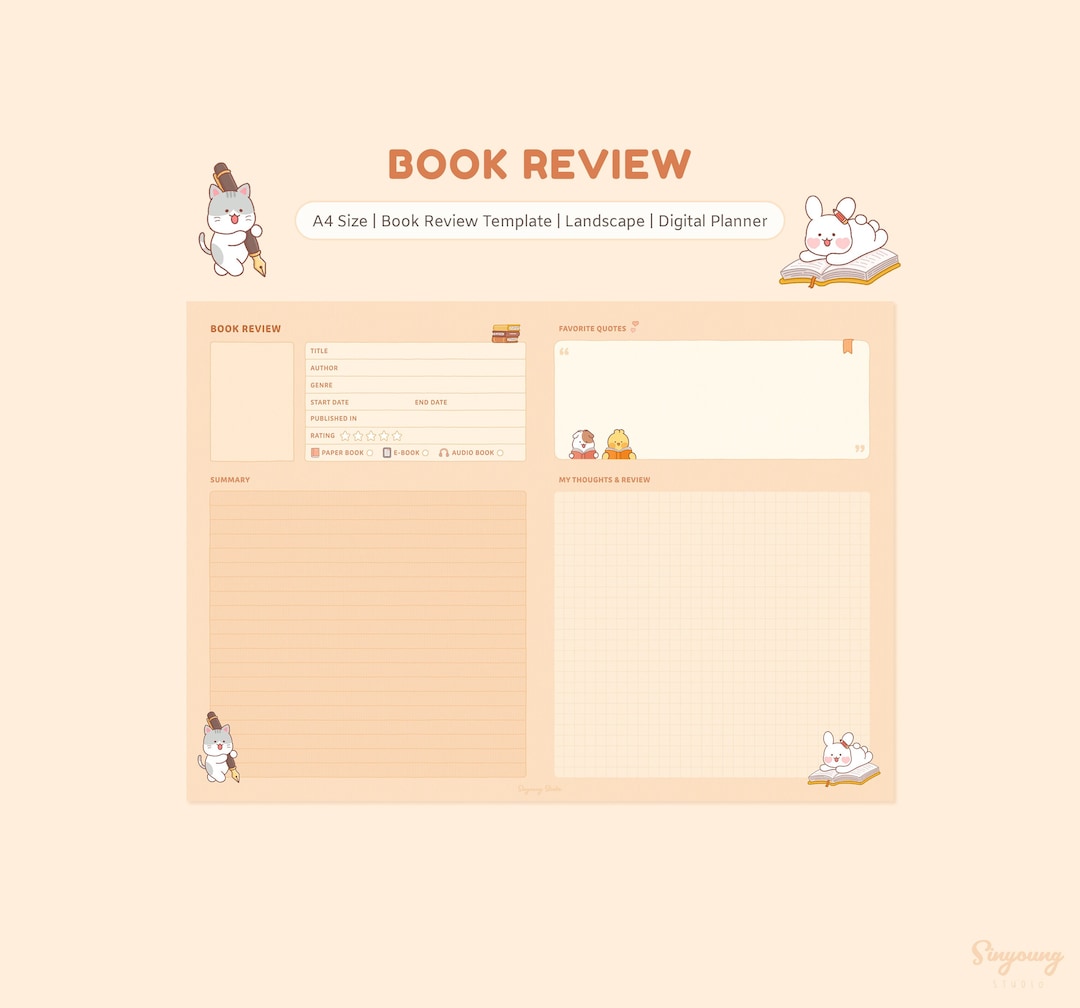 Cute Book Review Digital Template for Book Lovers | Hand Drawn ...