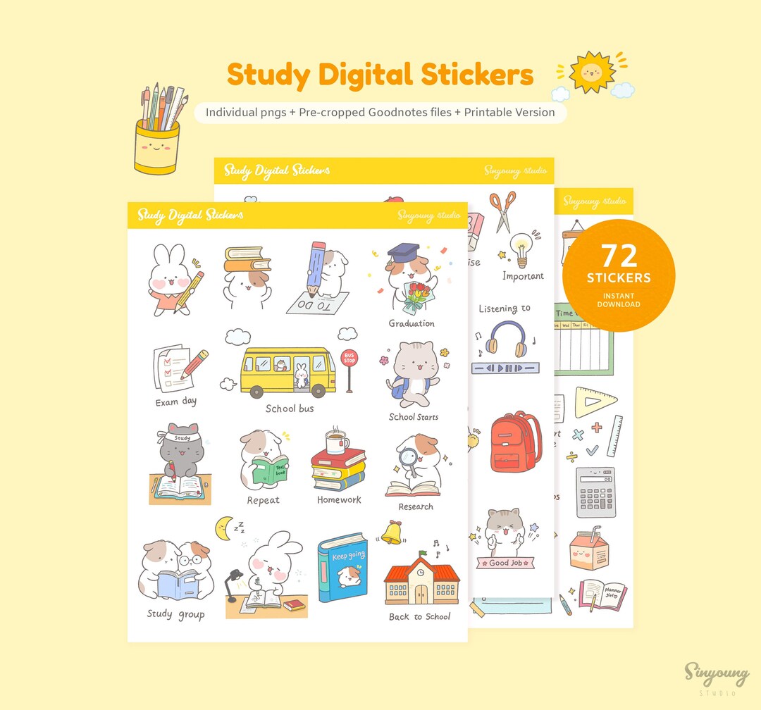 Cute Study Digital Stickers for Goodnotes Planner | Hand Drawn Student ...