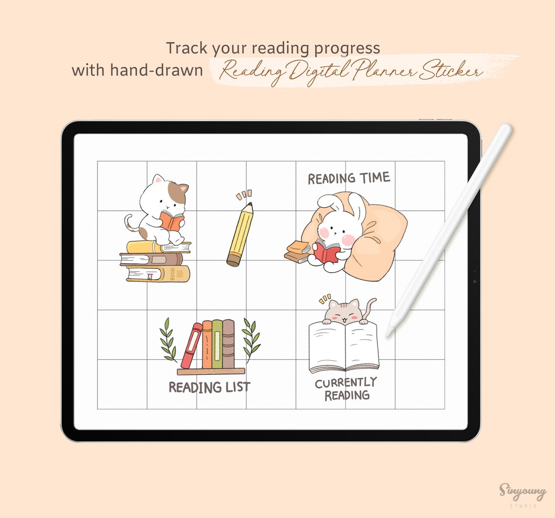 Reading Digital Planner Stickers Bookworm Cat Stickers for | Etsy