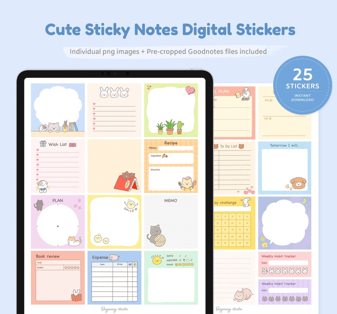 Cute Digital Sticky Notes for Goodnotes Animal Character Post - Etsy