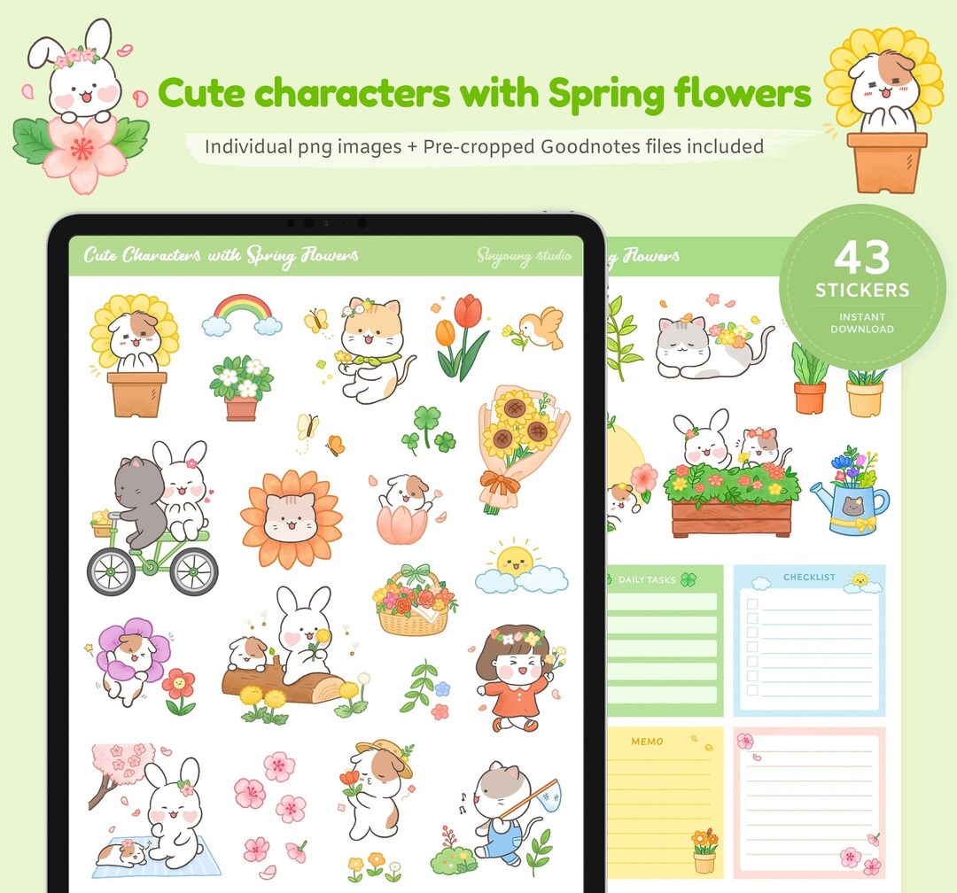 Cute Characters With Spring Flowers Digital Planner Stickers - Etsy