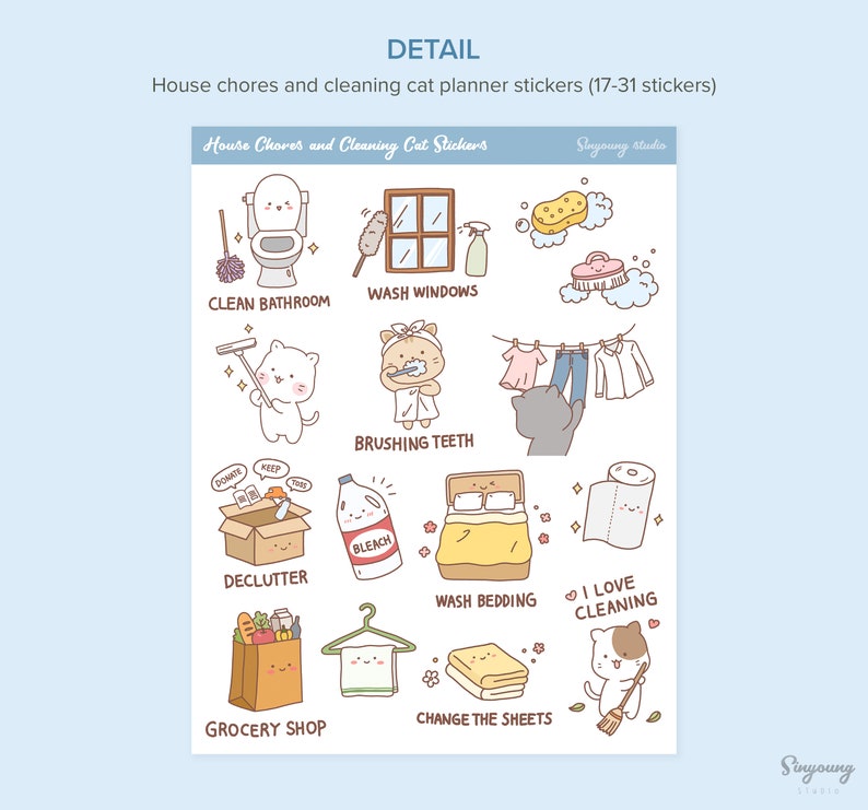 Cute Cat Cleaning Planner Stickers, Hand-drawn Goodnotes Stickers ...