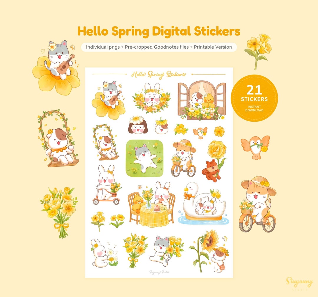 Cute Hello Spring Digital Stickers | Yellow Flowers Goodnotes Stickers ...