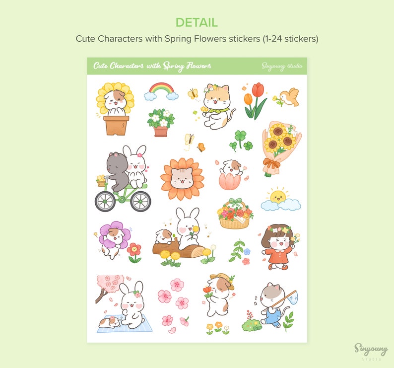 Cute Characters With Spring Flowers Digital Planner Stickers | Etsy
