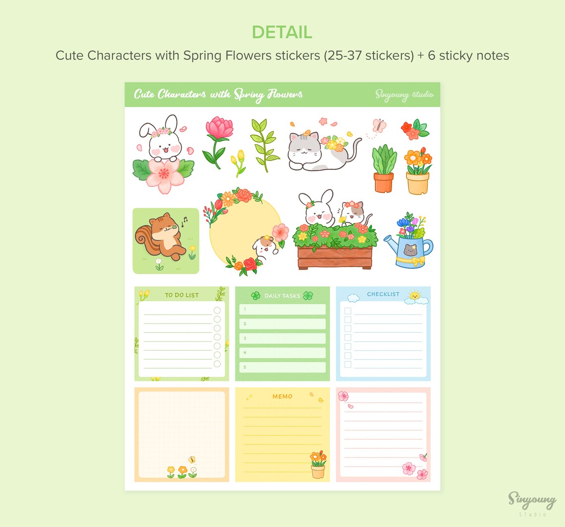Cute Characters With Spring Flowers Digital Planner Stickers | Etsy