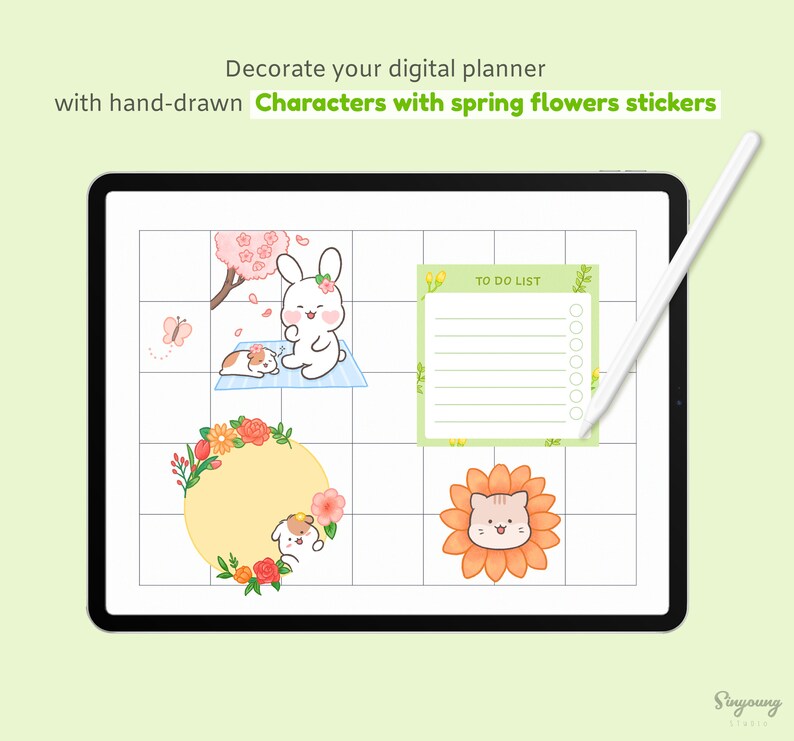 Cute Characters With Spring Flowers Digital Planner Stickers | Etsy