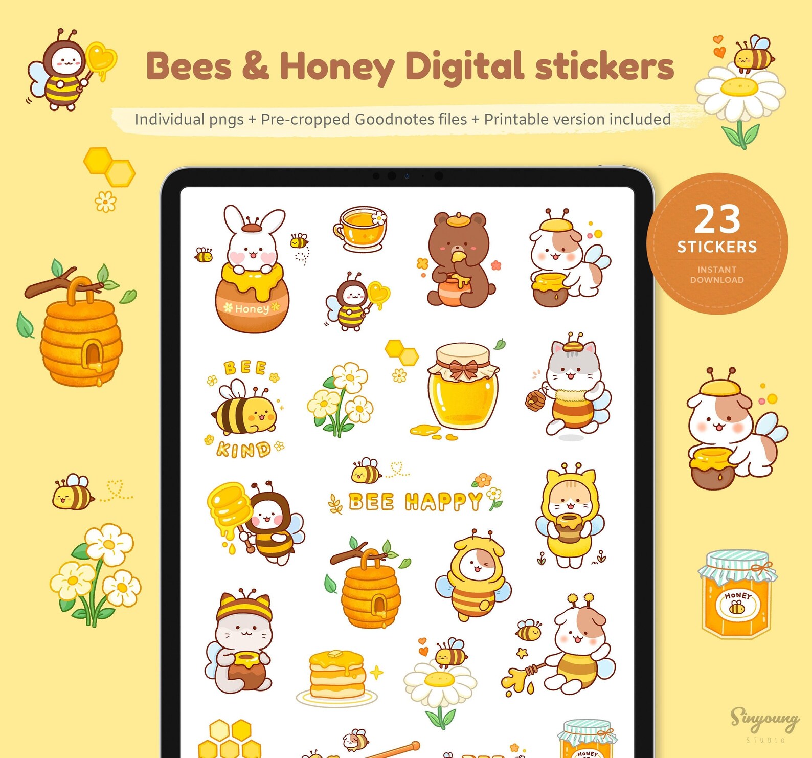 Cute Bees and Honey Stickers for Digital Planner Hand Drawn | Etsy