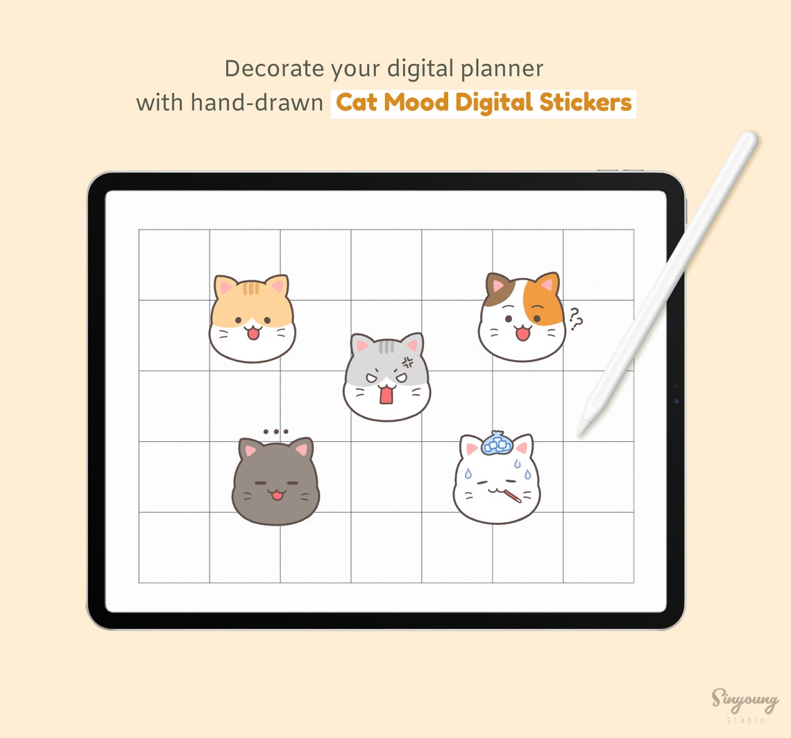Cute Cat Mood Digital Stickers | Cat Face Emoticon Goodnotes Stickers ...