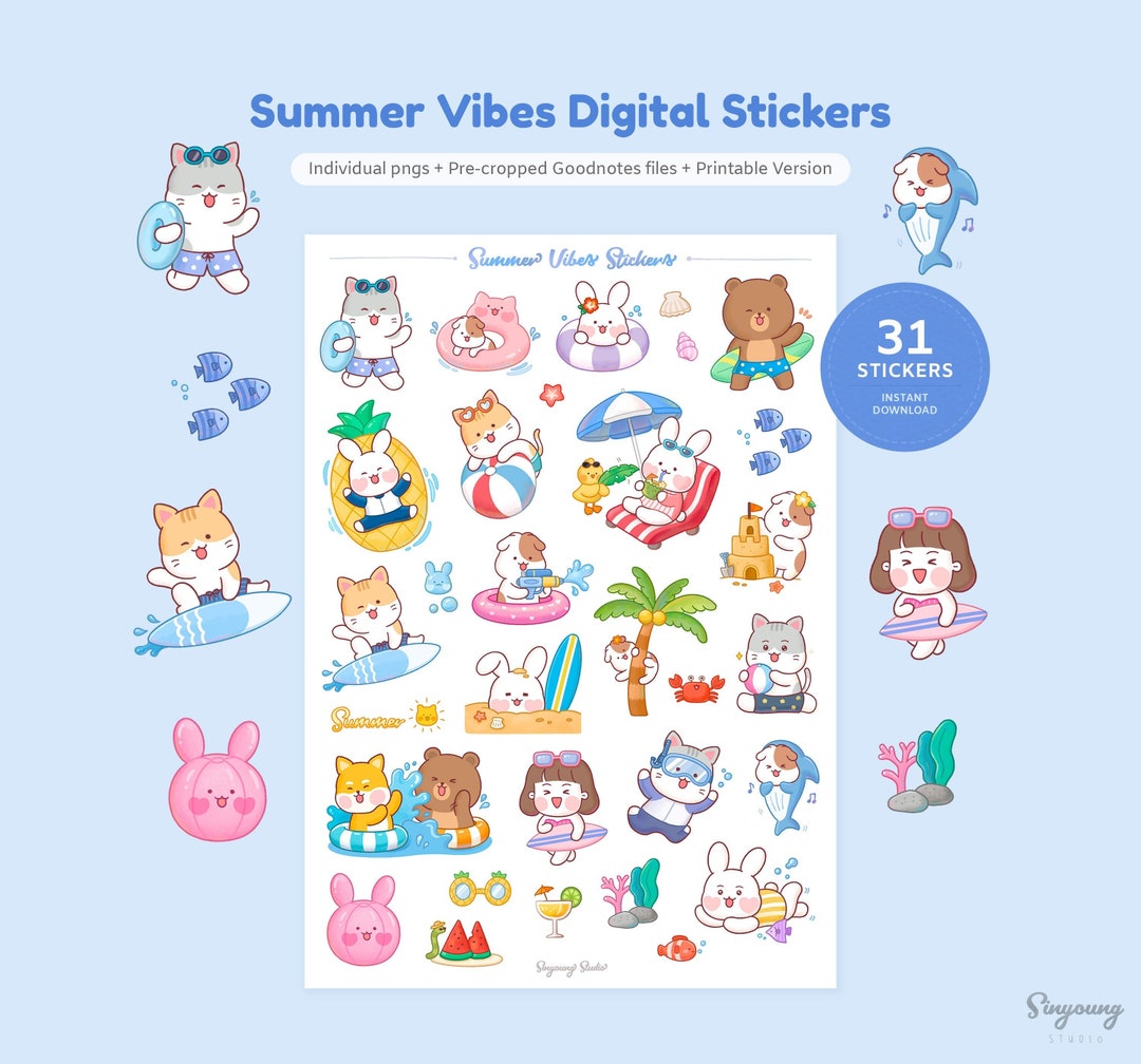 Cute Summer Vibes Digital Stickers | Beach Vacation Goodnotes Sticker ...