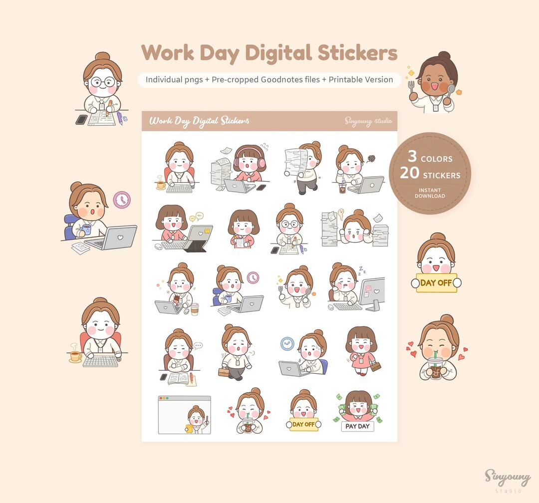 Cute Work Day Girl Character Digital Stickers | Office Work Goodnotes ...