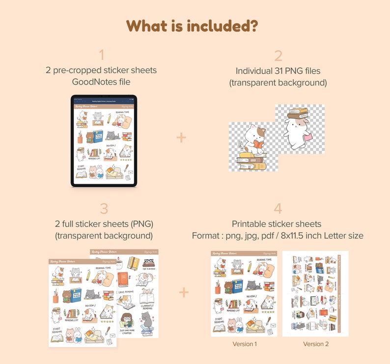 Reading Digital Planner Stickers, Bookworm Cat Stickers for Goodnotes ...