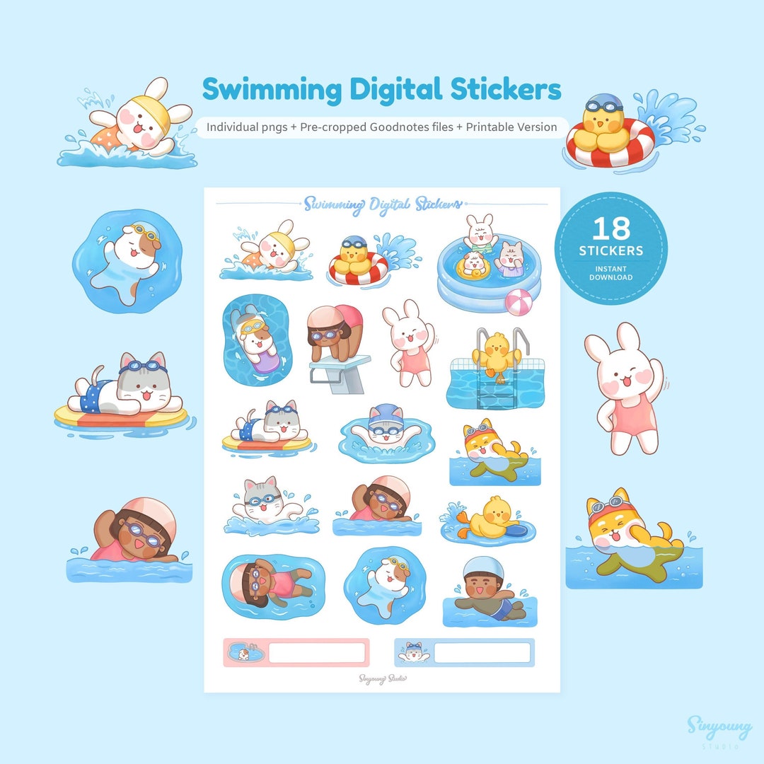 Cute Swimming Digital Stickers | Dark Skin Character Version | Swim ...