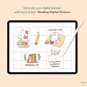 Reading Digital Planner Stickers, Bookworm Cat Stickers for Goodnotes ...