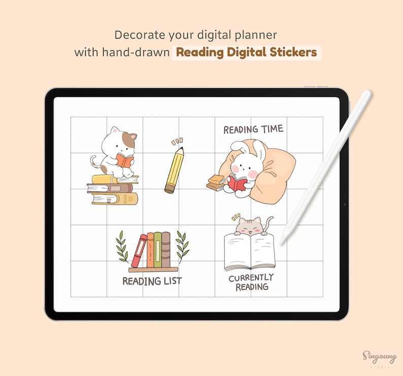 Reading Digital Planner Stickers Bookworm Cat Stickers for | Etsy
