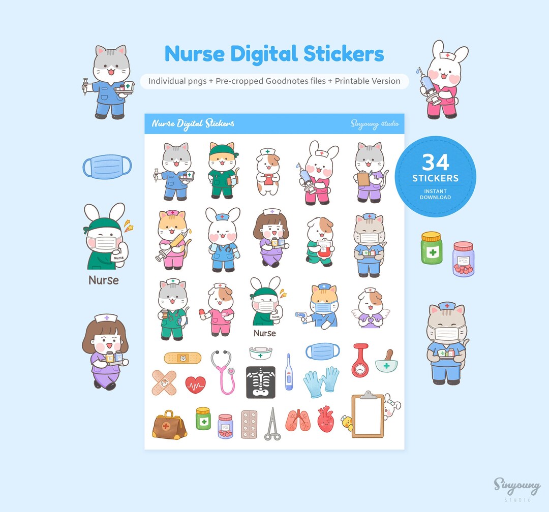 Cute Nurse Character Stickers for Digital Planner | Hand Drawn Nursing ...