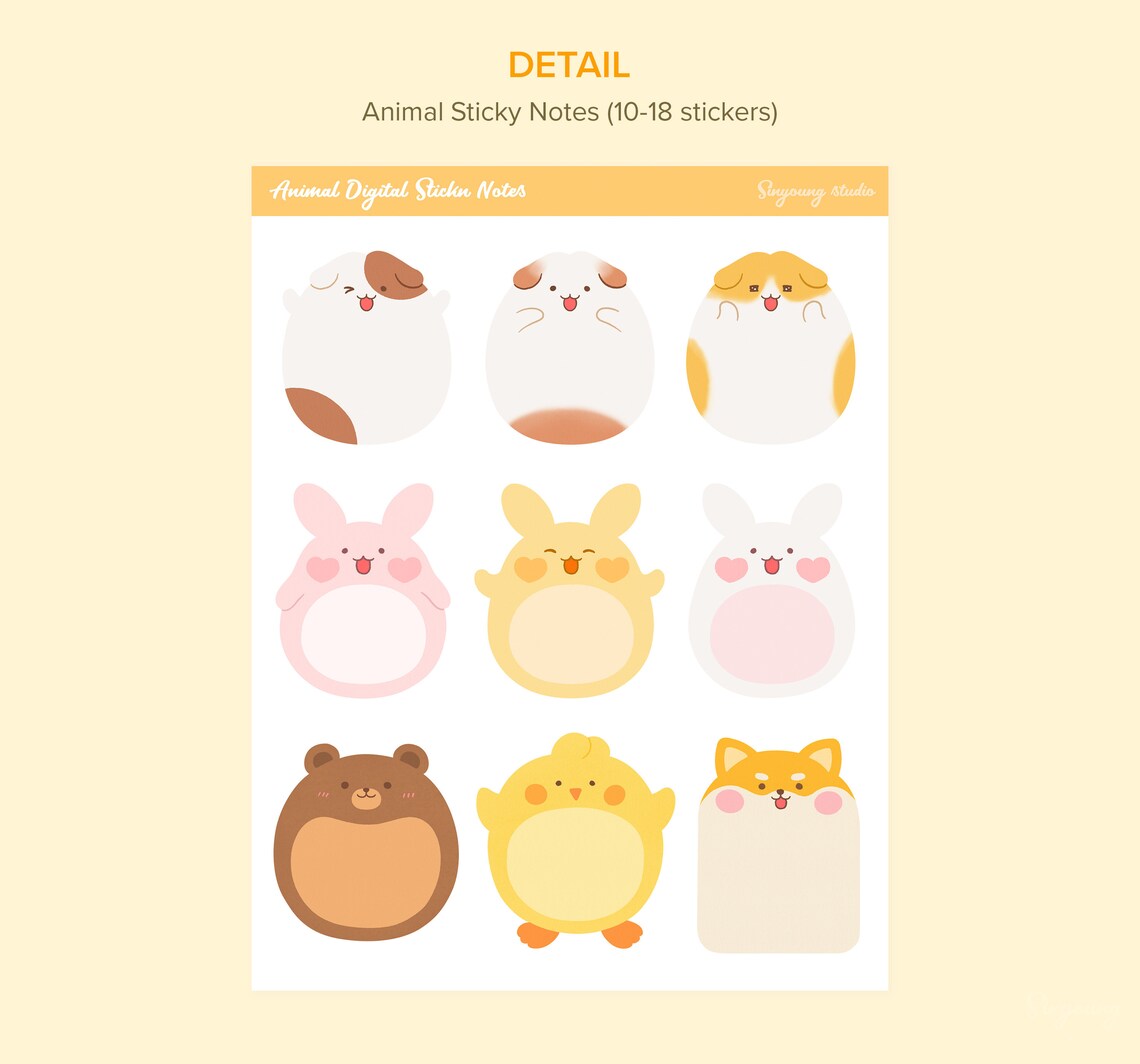 Cute Animal Face Sticky Notes for Digital Planner | Cat, Bunny, Guinea ...