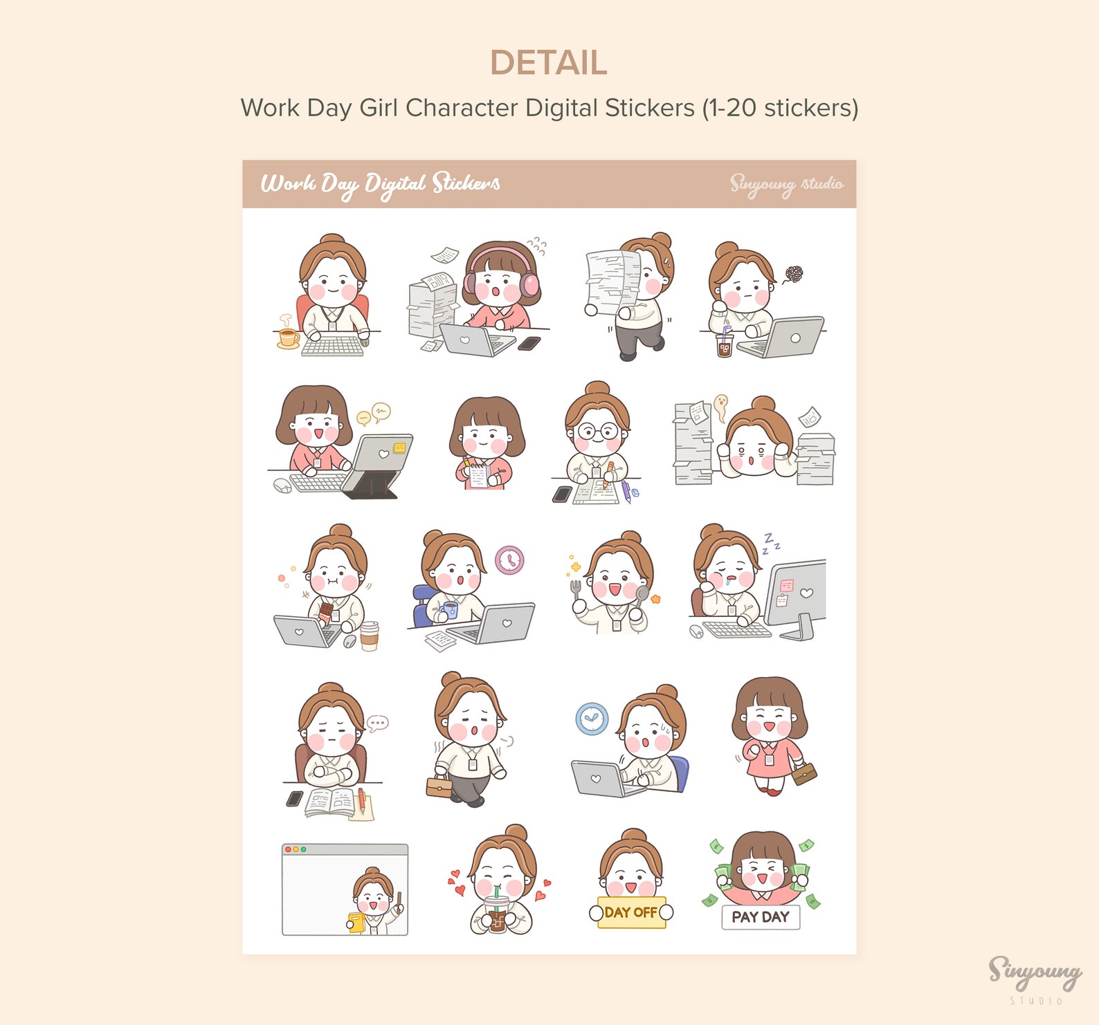 Cute Work Day Girl Character Digital Stickers | Office Work Goodnotes ...