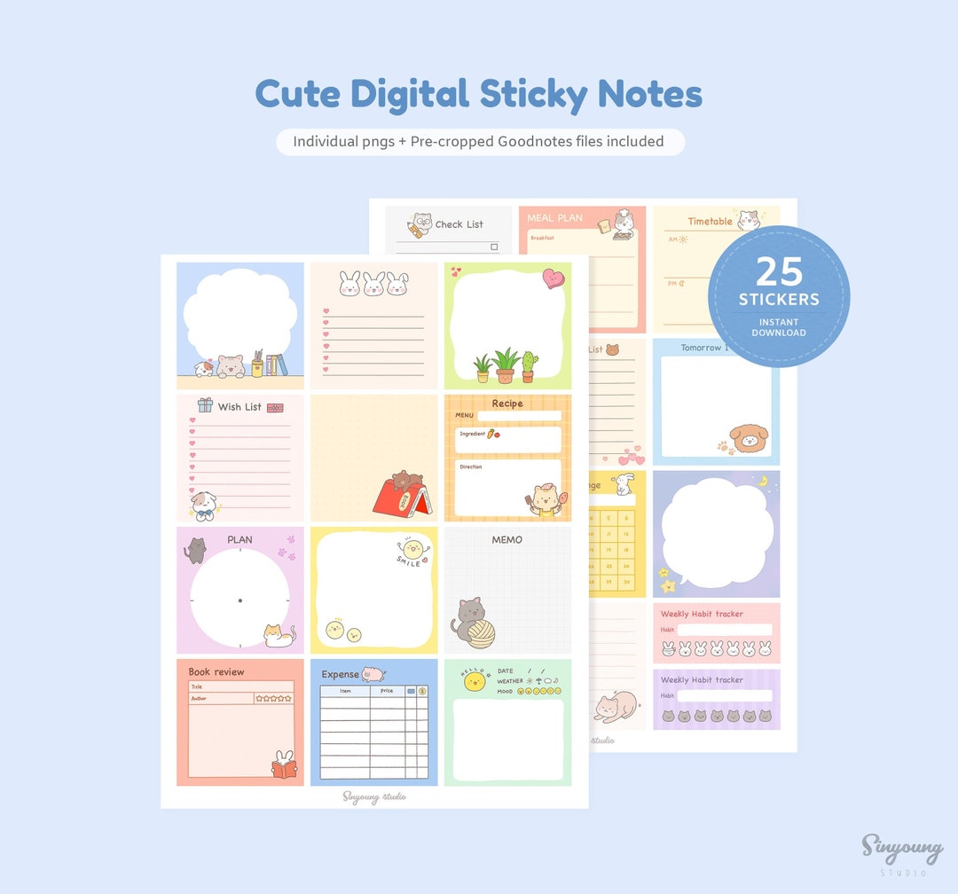 Cute Digital Sticky Notes for Goodnotes, Animal Character Sticky Notes ...