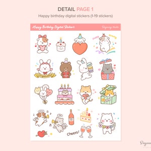 Happy Birthday Stickers for Digital Planner, Cute Animal Character, Pre ...