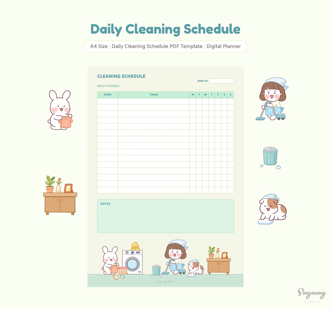 Cute Daily Cleaning Schedule Digital Template | Cleaning Zone Checklist ...