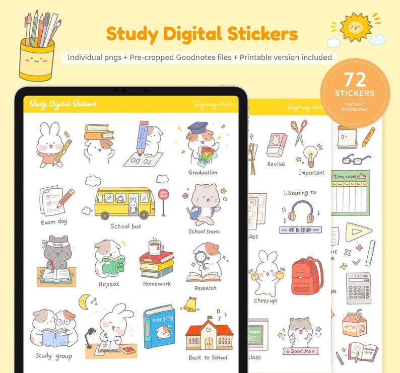 Cute Study Digital Stickers for Goodnotes Planner Hand Drawn - Etsy