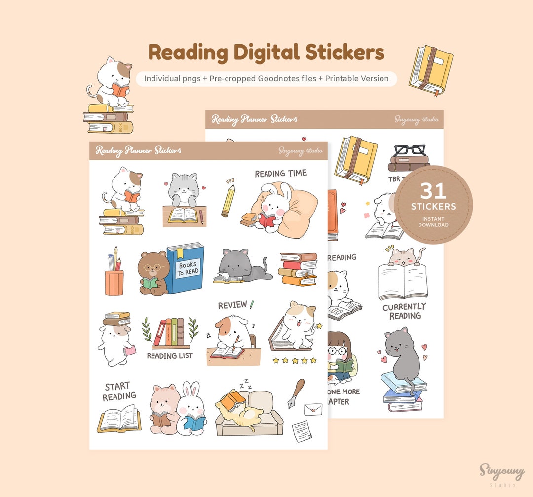 Reading Digital Planner Stickers, Bookworm Cat Stickers for Goodnotes ...