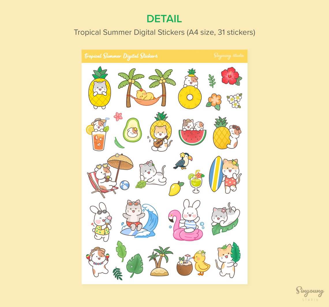 Cute Tropical Summer Digital Planner Stickers | Tropical Vibes ...