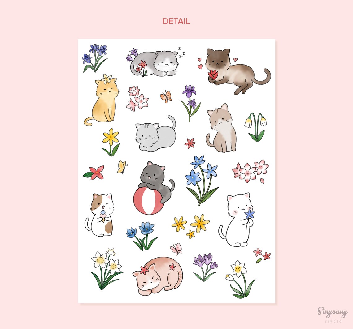 Cute Cats and Flowers Stickers for Digital Planner | Etsy