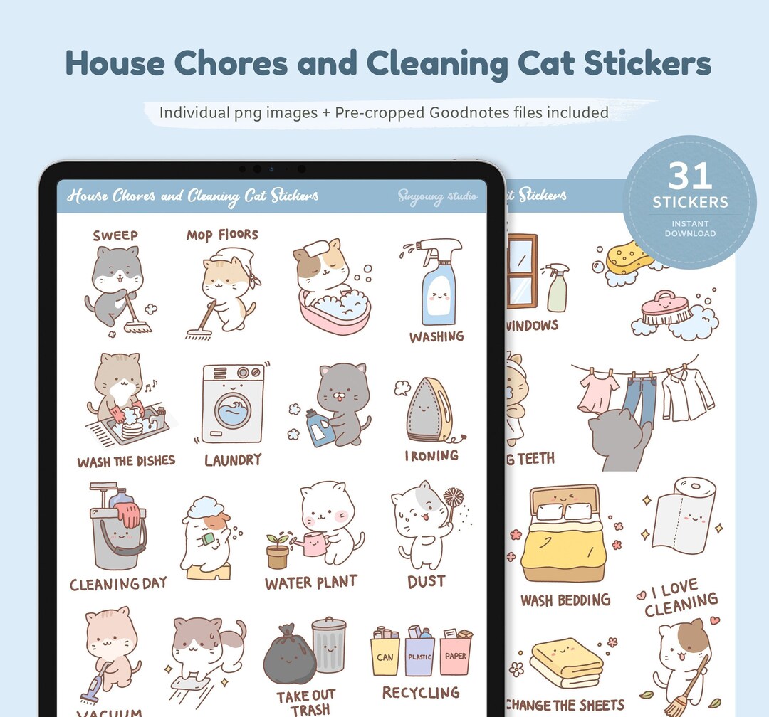 House Chores and Cleaning Cute Cat Digital Planner Stickers - Etsy