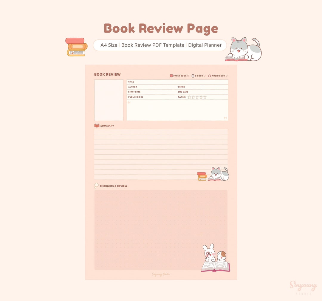 Cute Book Review Page Template | Digital Reading Journal for Book ...