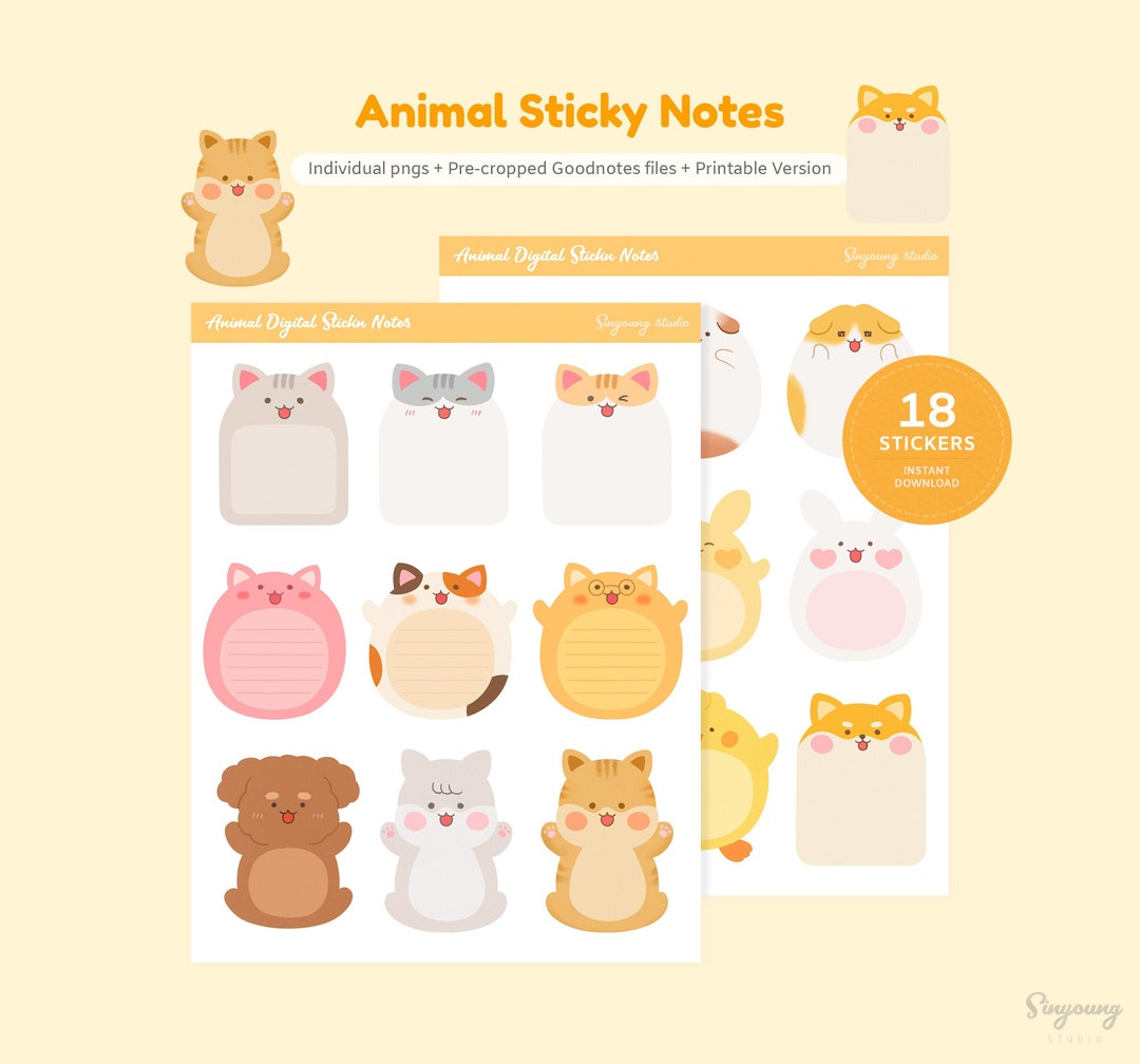 Cute Animal Face Sticky Notes for Digital Planner Cat, Bunny, Guinea ...