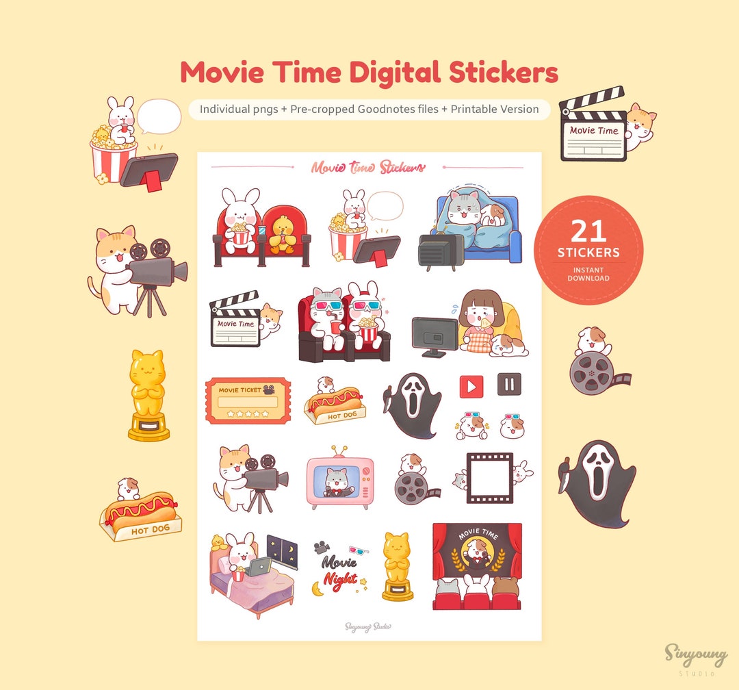 Cute Movie Time Digital Stickers for Movie Lover | Movie Night ...