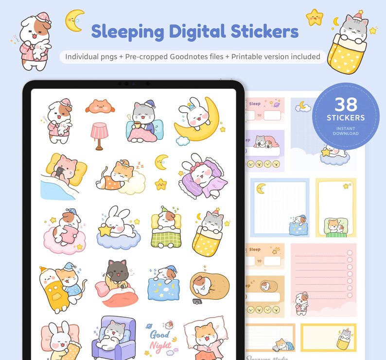 Cute Sleeping Digital Stickers Bedtime Goodnotes Stickers - Etsy