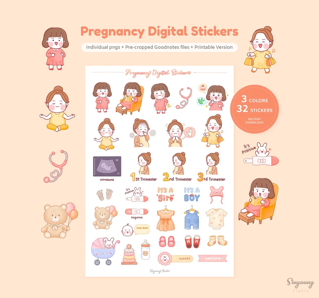 Cute Pregnancy Digital Stickers | Pregnant Woman Character Goodnotes ...