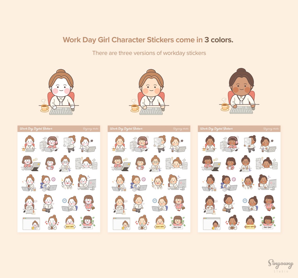 Cute Work Day Girl Character Digital Stickers | Office Work Goodnotes ...