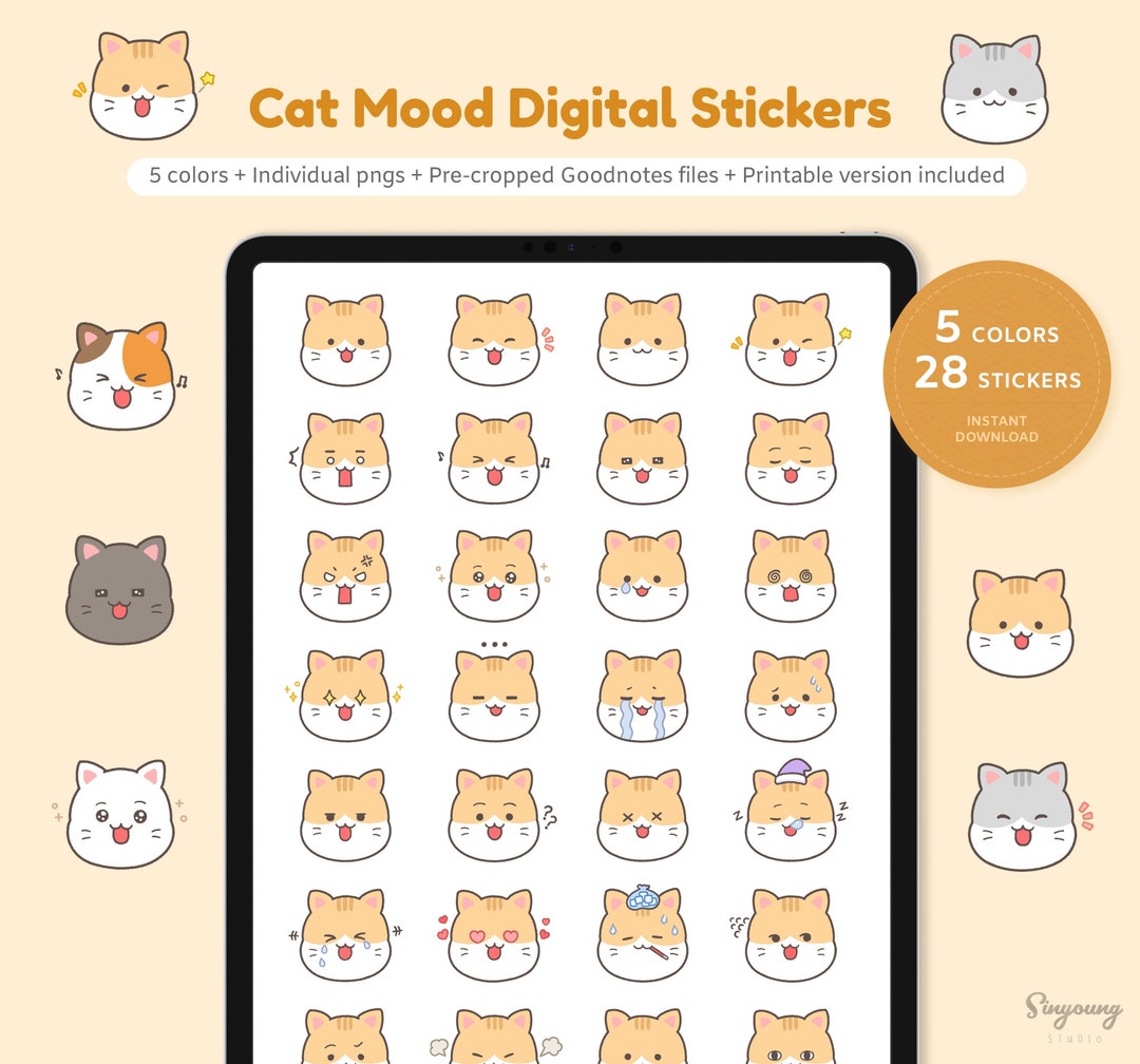 Cute Cat Mood Digital Stickers Cat Face Emoticon Goodnotes - Etsy