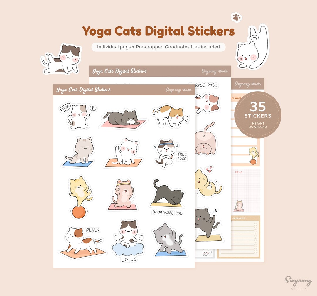 Cute Yoga Cats Goodnotes Stickers | Hand Drawn Cat Doing Yoga Digital ...