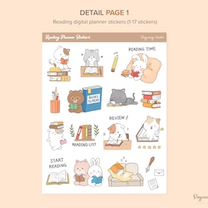 Reading Digital Planner Stickers, Bookworm Cat Stickers for Goodnotes ...