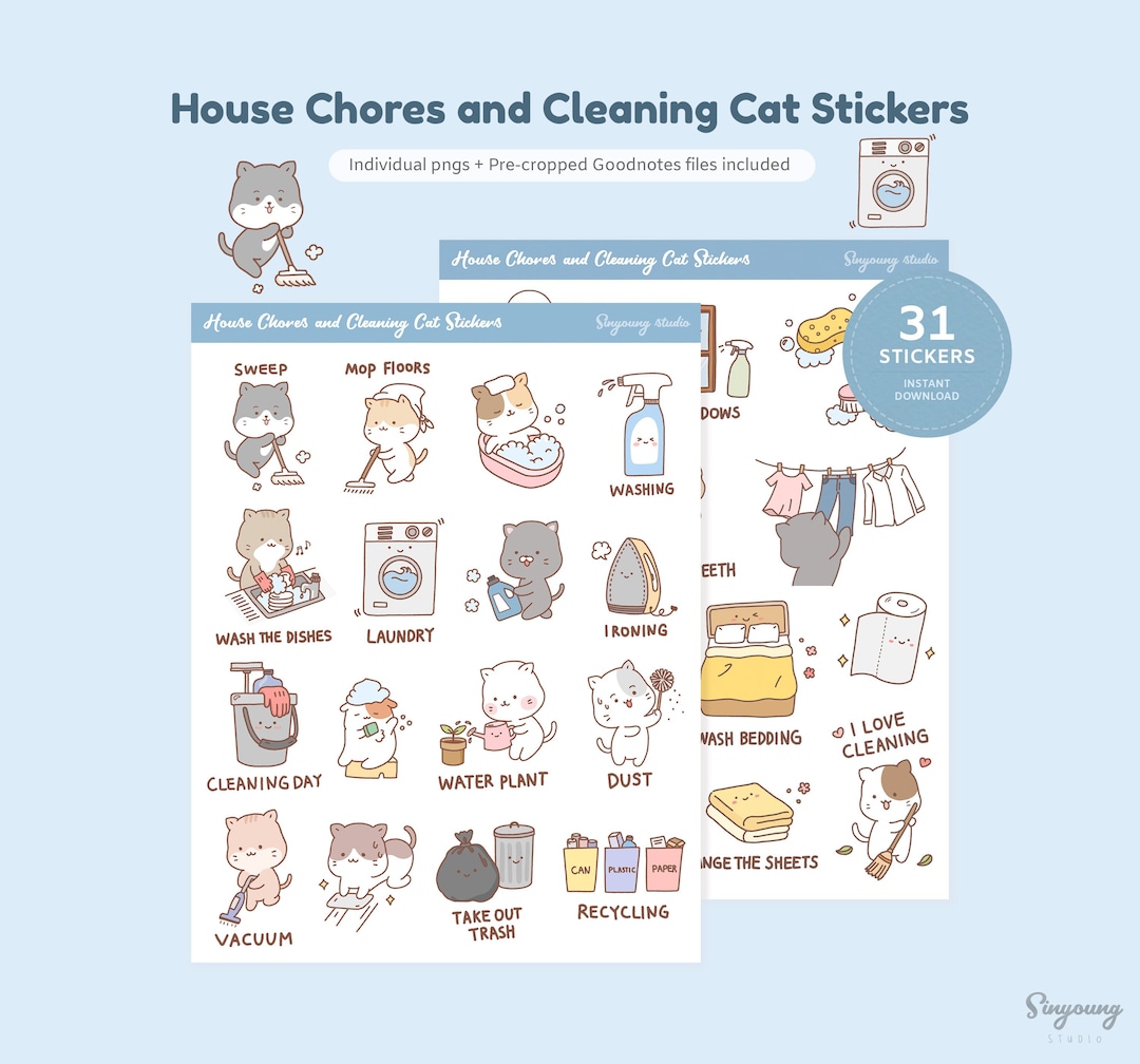 House Chores and Cleaning Cute Cat Digital Planner Stickers, Hand Drawn ...