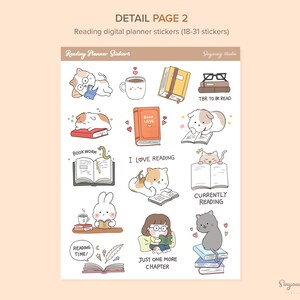 Reading Digital Planner Stickers, Bookworm Cat Stickers for Goodnotes ...