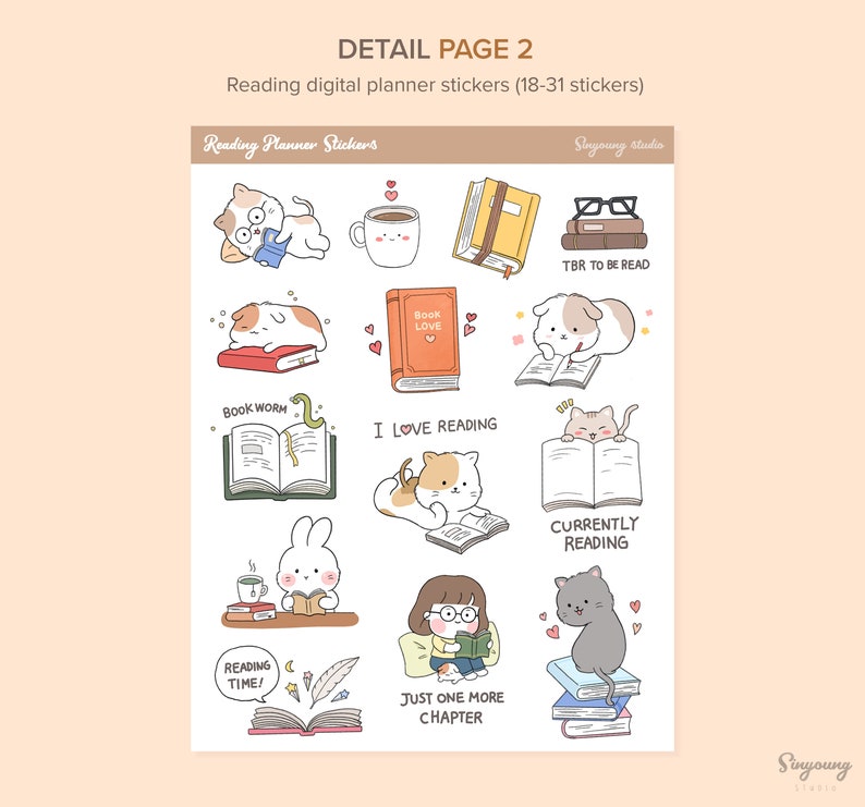 Reading Digital Planner Stickers Bookworm Cat Stickers for | Etsy